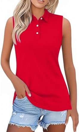 Generic Polo sans manches pour femme en coton classique pour le sport, le golf, le tennis, le travail - T-shirt boutonné anti-humidité à séchage rapide pour g