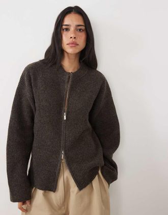 4th & Reckless veste en maille c&ocirc;tel&eacute;e &agrave; col montant et double zip couleur chocolat-Marron
