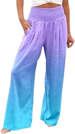 Generic Pantalon en coton et lin pour femme - Jambe large - Pantalon de plage d&eacute;t&eacute; confortable - Pantalon de yoga Palazzo - XIYU26092, bleu ciel, XXL