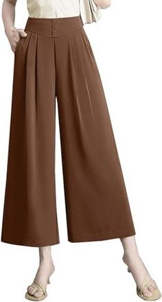 Generic Pantalon palazzo &agrave; jambe large pour femme - Taille haute - Coupe droite - Pliss&eacute; sur le devant - L&eacute;ger - Style d&eacute;contract&eacute; - Pour le travail - Pour le