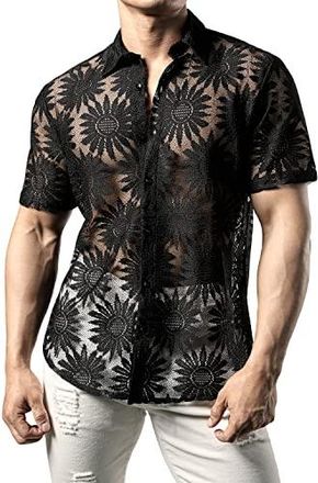 JOGAL Chemise transparente à manches courtes pour homme - En dentelle - Pour lété, Tournesol noir, XL