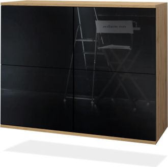 Vladon Kommode Rova V3, Moderner K&uuml;chenschrank mit 4 Push-to-Open T&uuml;ren Eiche Evoke/Schwarz Hochglanz (92,5 x 73.5 x 35)