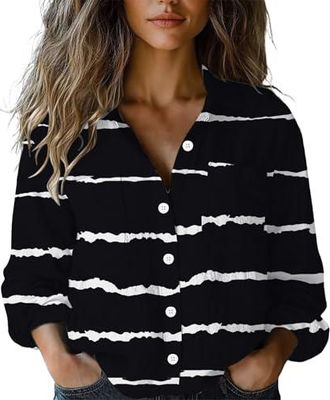 Generico Chemise Femme d&Eacute;t&eacute; D&eacute;contract&eacute;e Manches Longues Blouse en Lin Coton &Eacute;l&eacute;gant Respirant Chemisier Col en V L&eacute;ger Chemises Vintage Imprim&eacute; avec Boutons C