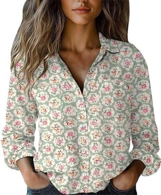 Generico Chemise Femme d&Eacute;t&eacute; D&eacute;contract&eacute; &agrave; Manches Longues Chemises Coton Et Lin &Eacute;l&eacute;gant Respirant Blouse Col en V L&eacute;ger T Shirt Vintage Imprim&eacute; avec Boutons Mo