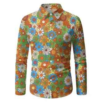 Generic Herren 70er Jahre Hemd Blumen Muster Langarm - Bunt Disco Party Hippie Kost&uuml;m Outfit Schlagerparty Fasching Karneval Retro Flower Power Oberteil Regul