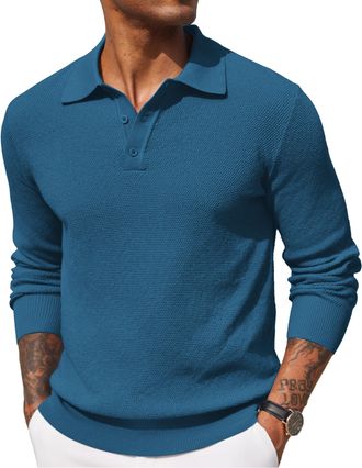 Coofandy Herren-Poloshirt, lang&auml;rmelig, l&auml;ssig, Waffelstruktur, Kragen, Tiefes Blau, Mittel