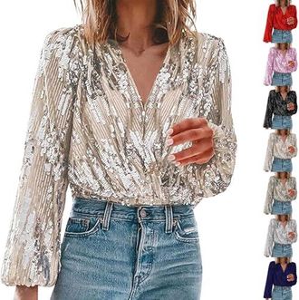 Generic Hauts &agrave; paillettes scintillantes pour f&ecirc;te, haut &agrave; paillettes &agrave; manches longues - Haut &eacute;l&eacute;gant &agrave; paillettes classique polyvalent t-shirt confortable e