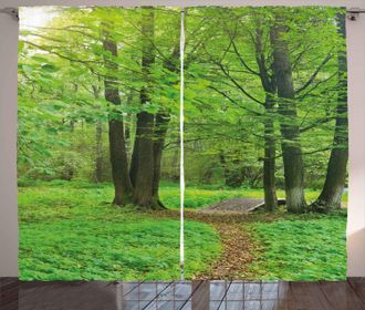 Abakuhaus Natur Rustikaler Gardine, Sommer Saison im Wald Foto, Schlafzimmer Kräuselband Vorhang mit Schlaufen und Haken, 280 x 245 cm, Grün braun Umbrabraun