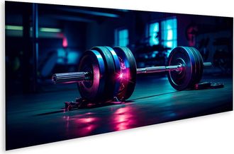 Islandburner Bild auf Leinwand Nahaufnahme Hantel auf Fitnessboden rote Lichter KI Bilder Wandbilder Poster