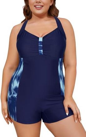 SHEKINI Maillot de bain une pi&egrave;ce pour femme - Grande taille - Maillot de bain gainant - Couleurs contrast&eacute;es, Bleu marine + imprim&eacute;, 3XL