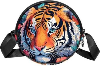 Generic Petit sac &agrave; bandouli&egrave;re rond pour femme, motif fleur de tigre, sac &agrave; dos avec fermeture &eacute;clair, bretelles r&eacute;glables, sac &agrave; main rond d&eacute;contract&eacute; pour 