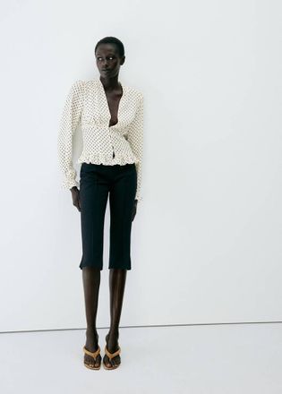 Mango Blouse col en V &agrave; pois blanc cass&eacute; - Femme - XS - MANGO
