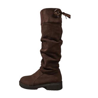 Generic Bottes hautes pour femme confortables &agrave; bout rond et talon &eacute;pais &agrave; lacets, bottes longues pliss&eacute;es pour lautomne et lhiver, caf&eacute;, 36.5 EU