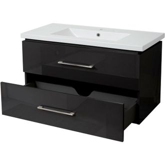 Hhg Premium Waschbecken + Unterschrank HHG-244, Waschbecken Waschtisch, hochglanz 90cm schwarz