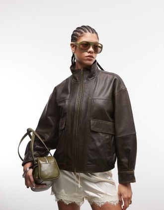 Asos Oversize-Bomberjacke aus Leder in verwaschenem Braun-Brown