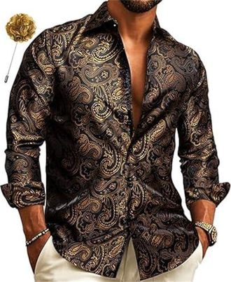 Generico Chemise &agrave; manches longues brillante pour homme, chemise de costume de carnaval dor&eacute;e brillante avec jacquard fonc&eacute;, chemises de mariage, v&ecirc;tements de 