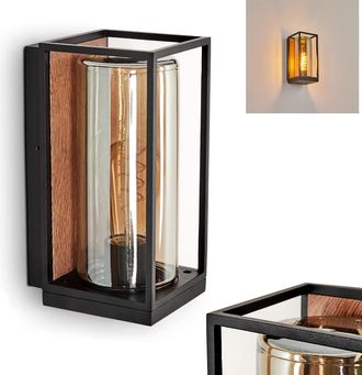 HOFSTEIN Außenwandleuchte Palanga, Außenleuchte aus Metall in Schwarz/Holzoptik/Braun u. 2 Gläsern (Rauchfarben/Klar), Wandlampe für Terrasse/Eingangsbereich, 