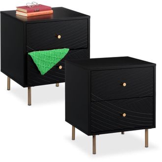 Relaxdays Table de nuit avec 2 tiroirs, lot de 2, hlp : 52x45x40 cm, pour chambre et salon, effet bois, noir/doré - Relaxdays