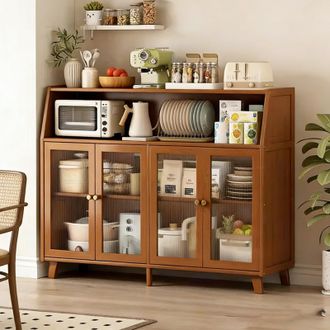 Generic Sideboard in Massivholzoptik mit halbtransparenten Glast&uuml;ren Offene Regalb&ouml;den + Schubladen Stauraum for das Esszimmer, Teeschrank und Wohnzimmer(Tea 