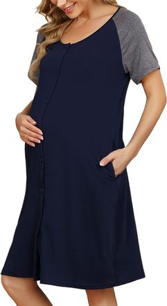 KOJOOIN Nachthemd Damen Geburt Stillnachthemd Kurzarm Nachtw&auml;sche Baumwolle Umstandsnachthemd mit Durchgehender Knopfleiste DunKelblau B(Kurzarm) XL