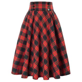 Minetom Damen Midi Faltenrock Kariert Hohe Taille A-Linie Lang Rock Plaid Midi Rock Vintage Swing Rock Rockabilly Skirt B1 Rot L