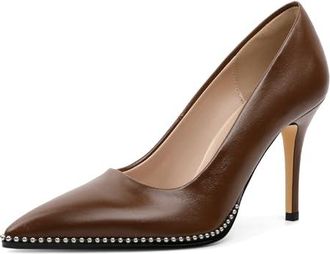 EDEFS Escarpins Femme en Cuir Verni Talon Aiguille 9 cm Bout Pointu pour Travail Décontracté Mariage & Occasions Festives Simili Cuir Marron EU35