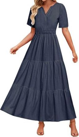 Generico Robe d&eacute;t&eacute; d&eacute;contract&eacute;e en coton pour femme avec manches bouffantes, col en V Robe de loisirs d&eacute;t&eacute; en ligne A avec volants et poches manches courtes et