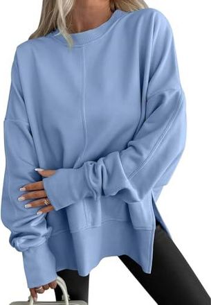 Generic Sweat-shirt &agrave; col rond fendu sur le c&ocirc;t&eacute; pour femme - Pull d&eacute;contract&eacute; &agrave; manches longues pour femme, bleu, XXL