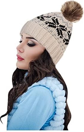 Generic Chapeau de flocon de neige tricot&eacute; chapeau de No&euml;l &agrave; pompons fuzzy chapeau imitation laine chaude casquettes de baseball grande, beige, taille unique