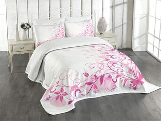 Abakuhaus Rose Tagesdecke Set, Strudel Schmetterlinge Bl&auml;tter, Set mit Kissenbez&uuml;gen Waschbar, f&uuml;r Einzelbetten 170 x 220 cm, Magenta Pink
