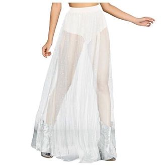 Generic Jupe longue 2 en 1 &agrave; paillettes pour femme - Taille haute - Sexy - Jupe longue en maille transparente - Pour discoth&egrave;que - Jupe crayon en dentelle pli