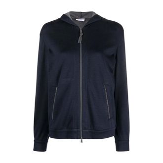 Brunello Cucinelli Femme, Sweatshirts et sweats &agrave; capuche, Bleu, Taille: 40 FR Pull &agrave; Capuche en M&eacute;lange de Coton Bleu