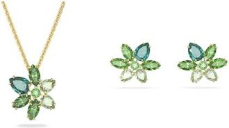 Swarovski Gema Pendentif & Bracelet, Tailles mélangées, Fleur, Vert, Plaqué or