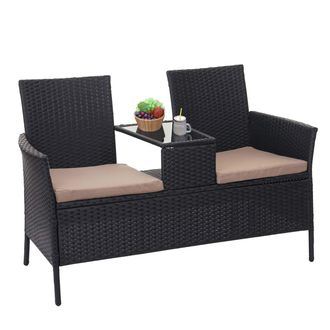 Mendler Poly-Rattan Sitzbank mit Tisch HWC-E24, Gartenbank Sitzgruppe Gartensofa, 132cm - schwarz, Kissen Creme