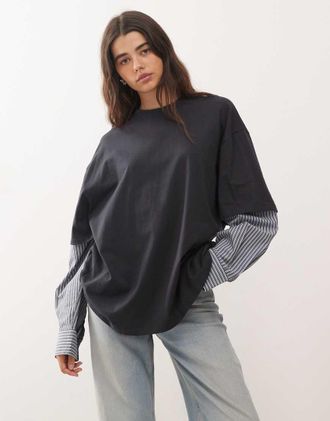 Lioness Chemise 2-en-1 &agrave; manches longues et rayures avec t-shirt oversize superpos&eacute; - Anthracite-Bleu marine