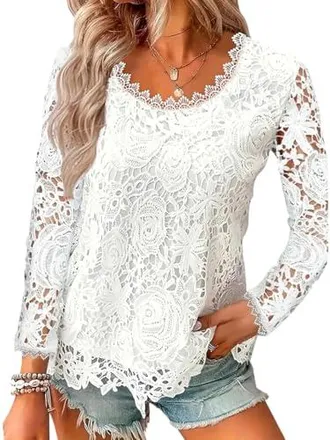 TOMWELL Femme Tee Shirt Dentelle Couleur Unie Manches Longues Loisirs Dété Chemisier en Dentelle Blouse Décontracté en Dentelle Tops Chemisiers A Blanc 3XL
