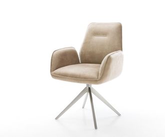DELIFE Drehstuhl Zoa-Flex Mikrofaser Beige Vintage Kreuzgestell breit Edelstahl 360&deg; drehbar Wippfunktion Taschenfederkern, Esszimmerst&uuml;hle
