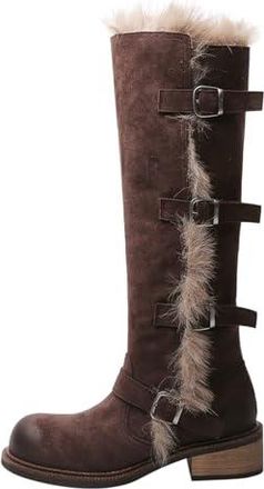 Generic Bottes Hautes Femme dHive Talon Bas Bout Rond Doublure En Peluche Chaude Boucle Bottes Semelle Antid&eacute;rapante Vintage Tendance Chaussures D&eacute;contract&eacute;es