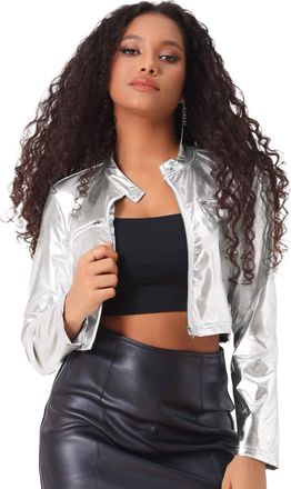 Allegra K Damen Halloween-Kost&uuml;m Glitzer Metallic Rei&szlig;verschluss Kurze Party Club Langarmjacken Silber XL