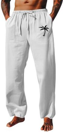 Generic Pantalon d&eacute;t&eacute; en lin respirant pour homme - Pantalon de plage blanc - Coupe ajust&eacute;e - Taille &eacute;lastique - Pantalon de jogging pour homme - Pantalon de 