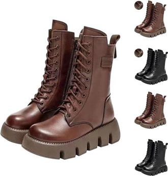 Generic Bottes mi-mollet &agrave; lacets pour femme avec fermeture &eacute;clair lat&eacute;rale et talon bas - Chaussures de moto &agrave; bout rond - Bottes dhiver doubl&eacute;es &eacute;paisses, m