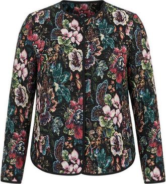 Ulla Popken Kurzjacke Jacquardjacke Bl&uuml;ten Piping Rundhals Langarm