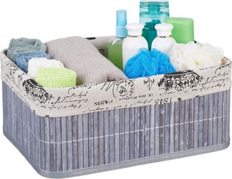 Relaxdays 3 x Aufbewahrungskorb Bambus, HBT: 16,5 x 38 x 28,5 cm, Regalkorb mit Griff, je 15 Liter, faltbar, zum Verstauen, grau