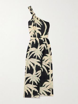 Johanna Ortiz Dark Palms Asymmetrisches Midikleid Aus Bedrucktem Leinen Mit Wickeleffekt - Schwarz