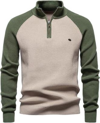 Generic Pull à col roulé et col montant pour homme avec fermeture éclair 1/4, kaki, XXL