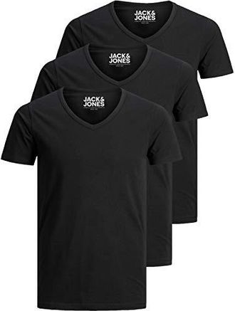 Jack & Jones Jack and Jones Lot de 3 t-shirts basiques à col en V pour homme - Couleur unie - Coupe ajustée - Blanc - Noir - Bleu - Gris, Noir, L
