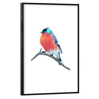 artboxONE Poster mit schwarzem Rahmen 30x20 cm Tiere Winter Bullfinch - Bild Vogel kopfh&ouml;rer Schnee