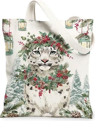 Generic Sacs fourre-tout en toile motif l&eacute;opard des neiges dhiver, sacs r&eacute;utilisables, imprim&eacute;s de la nature vintage, l&eacute;gers et lavables, Blanc, 13x15 Inch