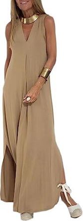 Onsoyours Robe Longue Femme Été Sexy Fendues T Shirt Robe Boho Dress Col en V sans Manches Casual Couleur Unie Maxi Robe De Plage Vacances Grande Taille Chic El