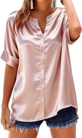 Generic Chemisiers habill&eacute;s et &eacute;l&eacute;gants en satin pour femme - Haut &agrave; manches courtes et col en V - Chemisier &agrave; boutons - &Eacute;paules tombantes - Respirant et l&eacute;ge